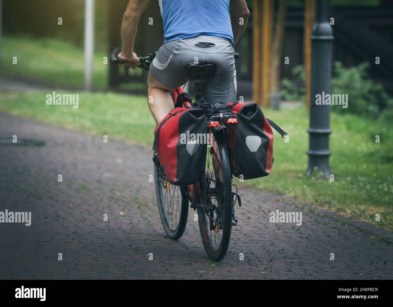 Rear view of man riding bicycle in city park Stock Photo - Alamy