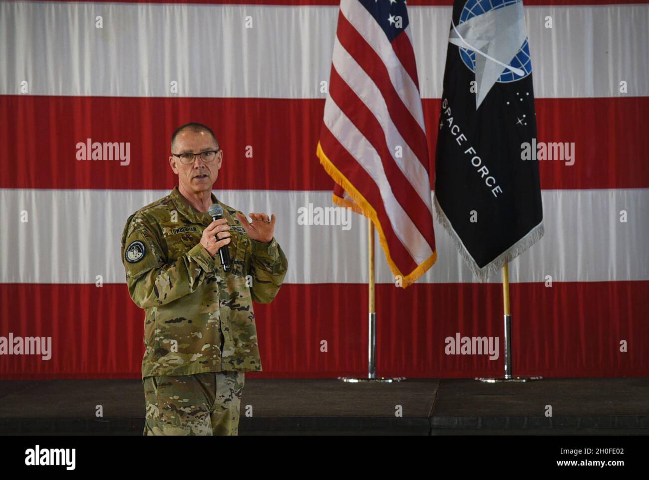 Chief Master Sgt. of the Space Force Roger A. Towberman speaks at a ...