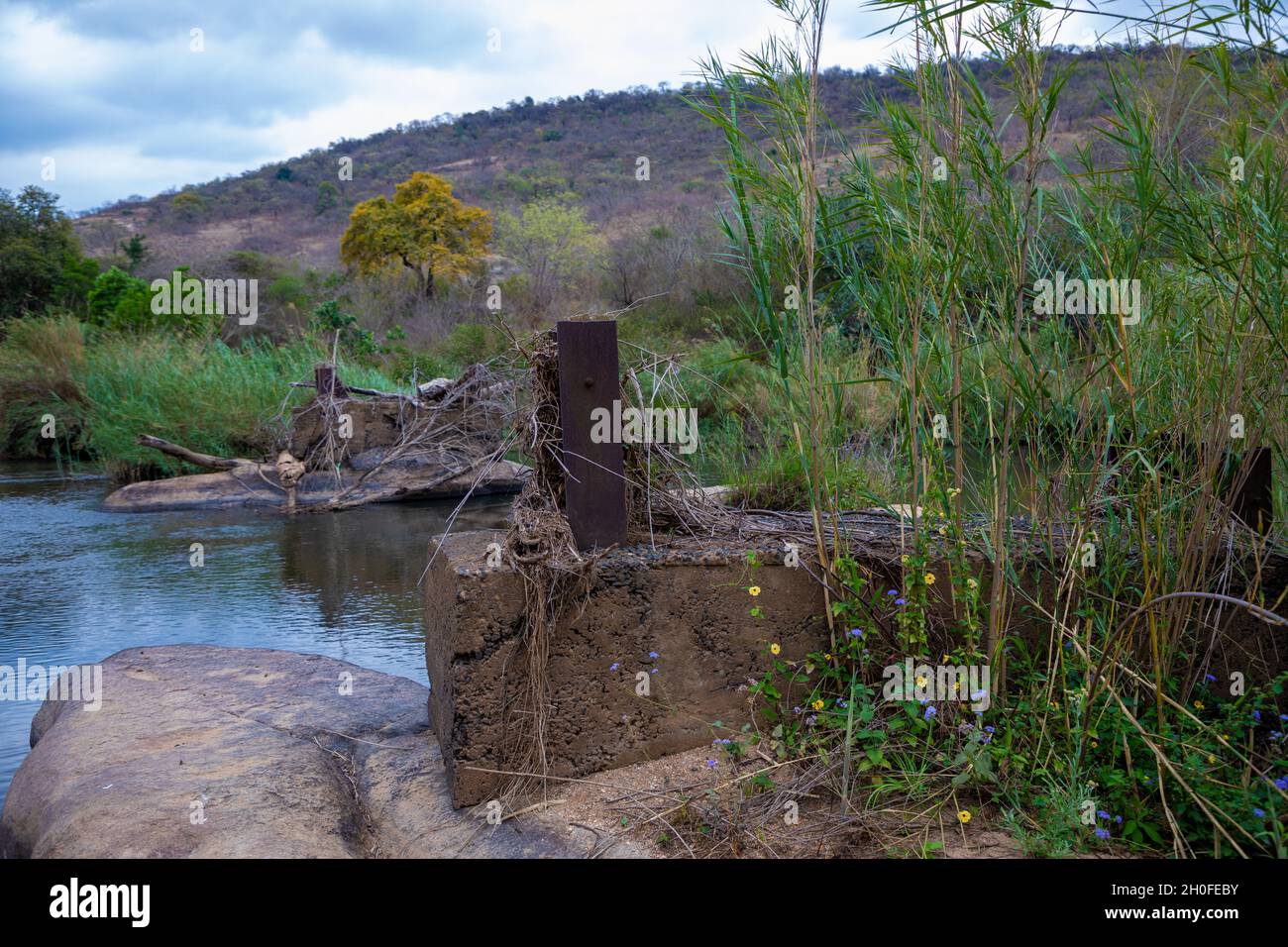 Foundation of a bridge over a river. The bridge was washed away in a ...