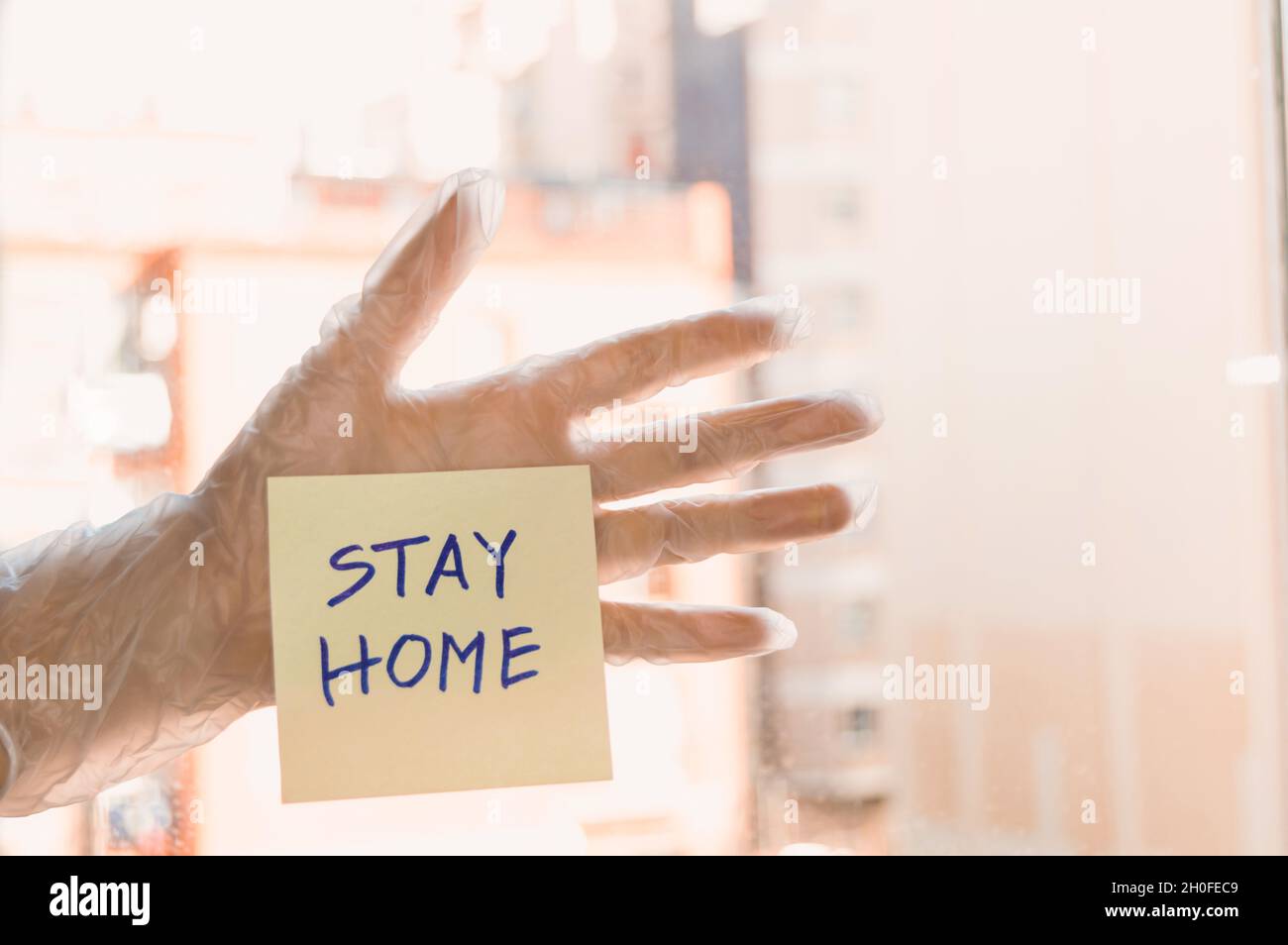 Hand in a transparent glove with sticky note Stock Photo - Alamy