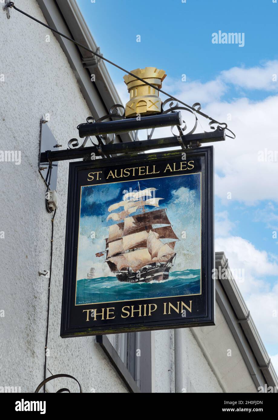 England pub sign; The Ship Inn pub sign, a St. Austell Ales pub in Looe ...