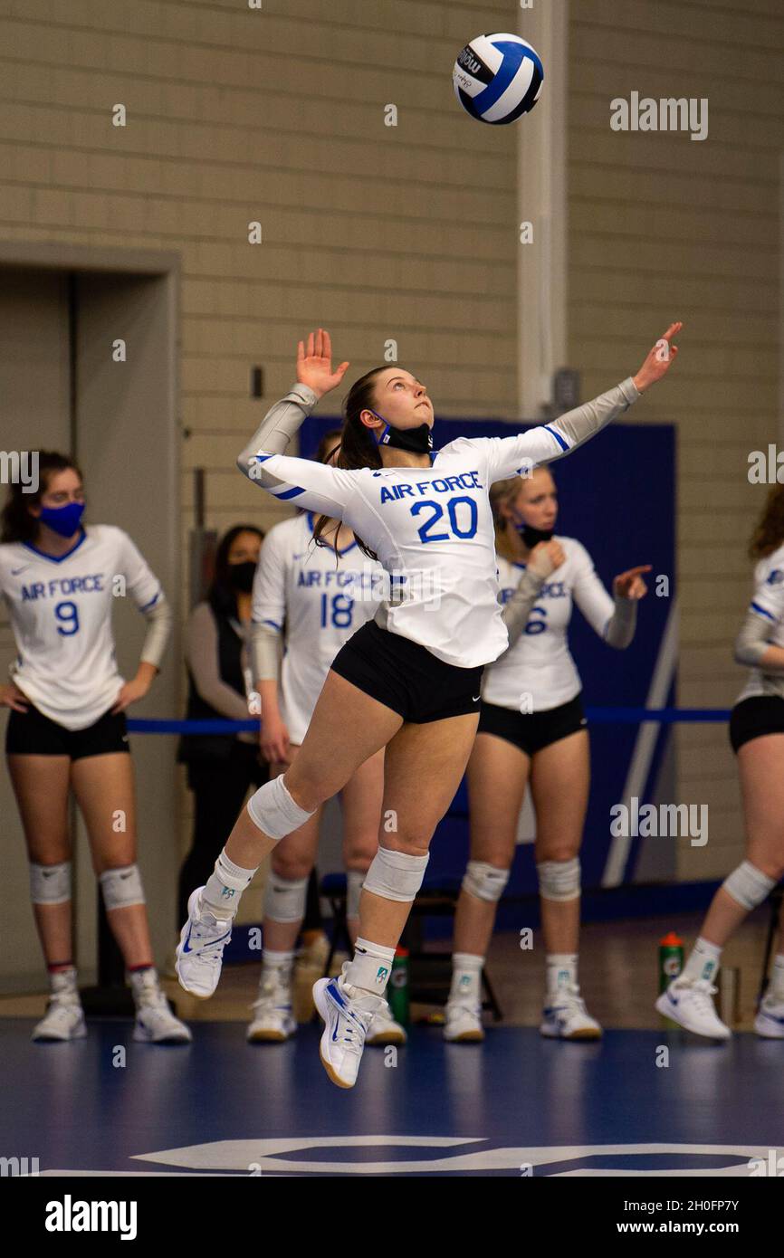 U.S. AIR FORCE ACADEMY, Colo. – Air Force's Allie Griffith serves the ball on Feb. 26, 2021 at ...