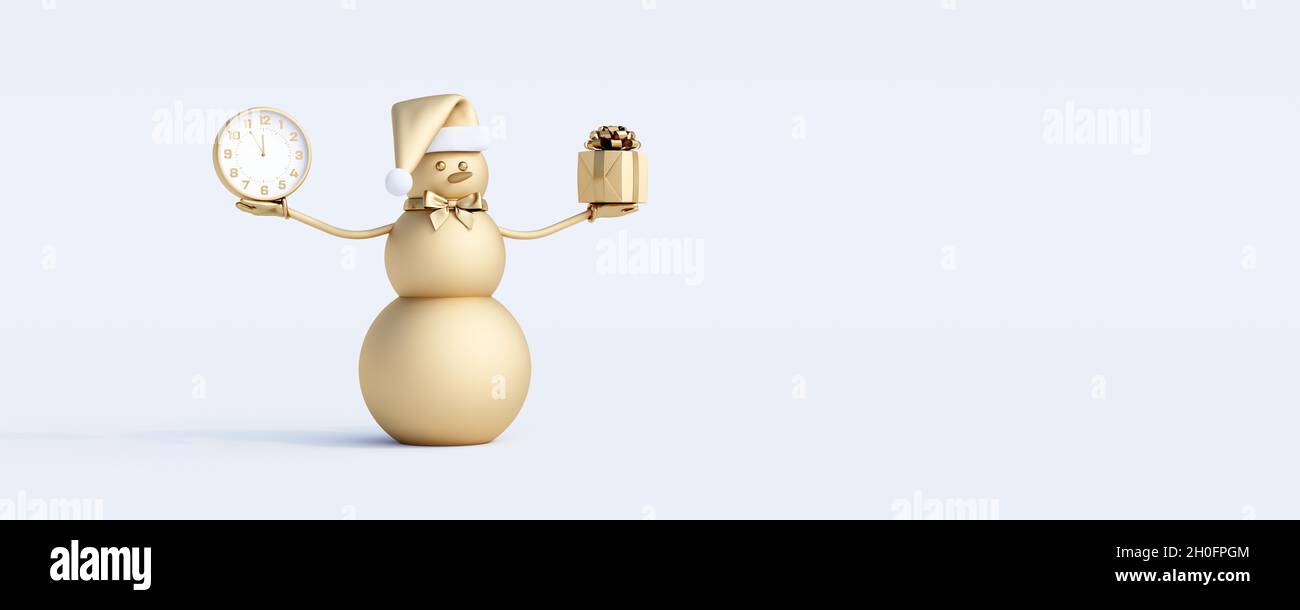 Golden Snowman holds a gift and clock on white background. Elegance new ...