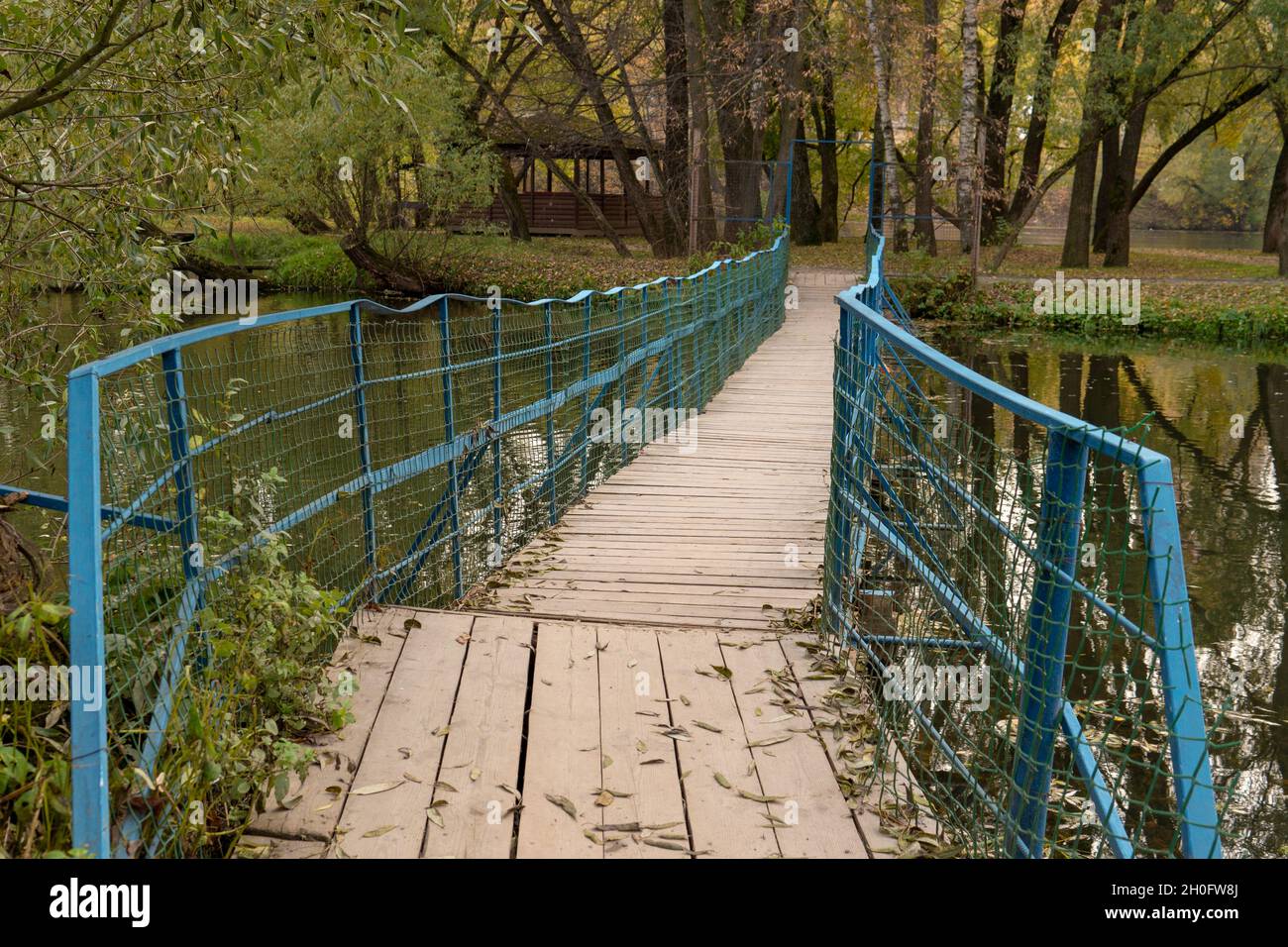 Autumn forest bridge fall tree, colorful scenic red stream, europe ...