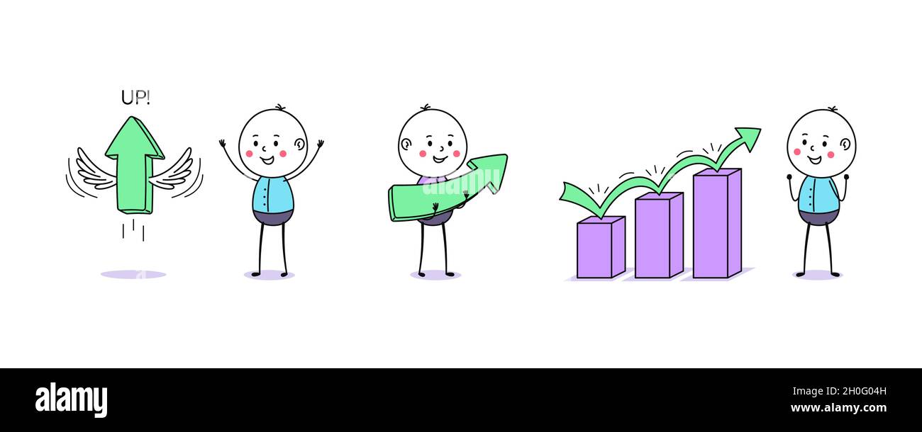 Growth chart and upward arrow movement. Cartoon doodle man, cute people ...