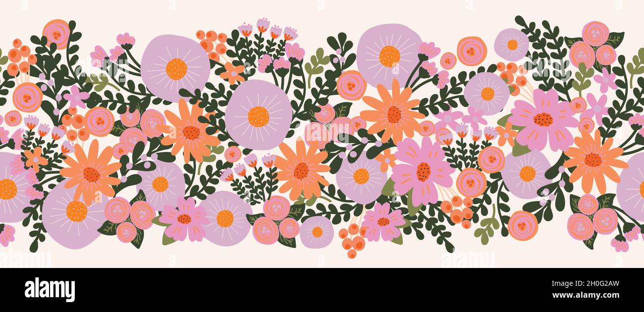 Seamless flower vector border hand drawn. Decorative repeating floral ...