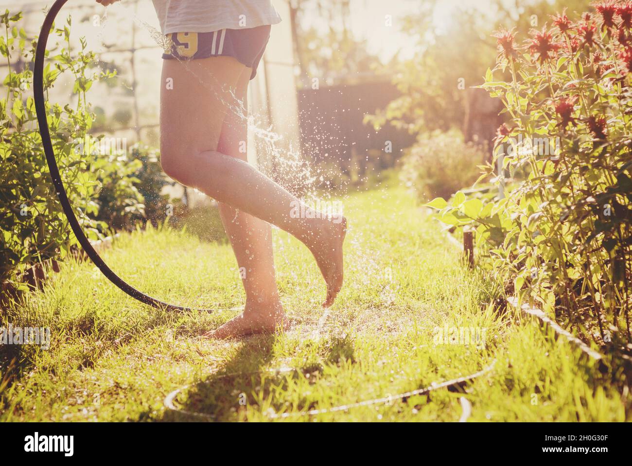 Woman pouring water on her feet from garden hose in the backyard ...