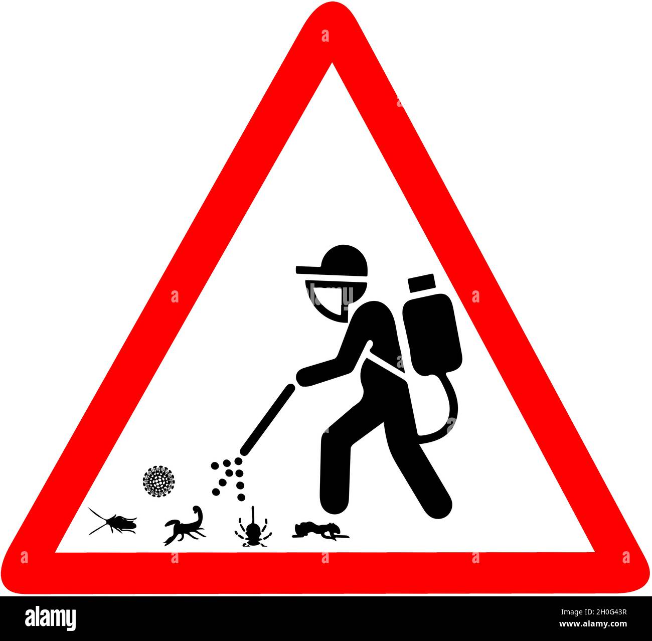 Worker spraying liquid for insects and viruses warning triangular red ...