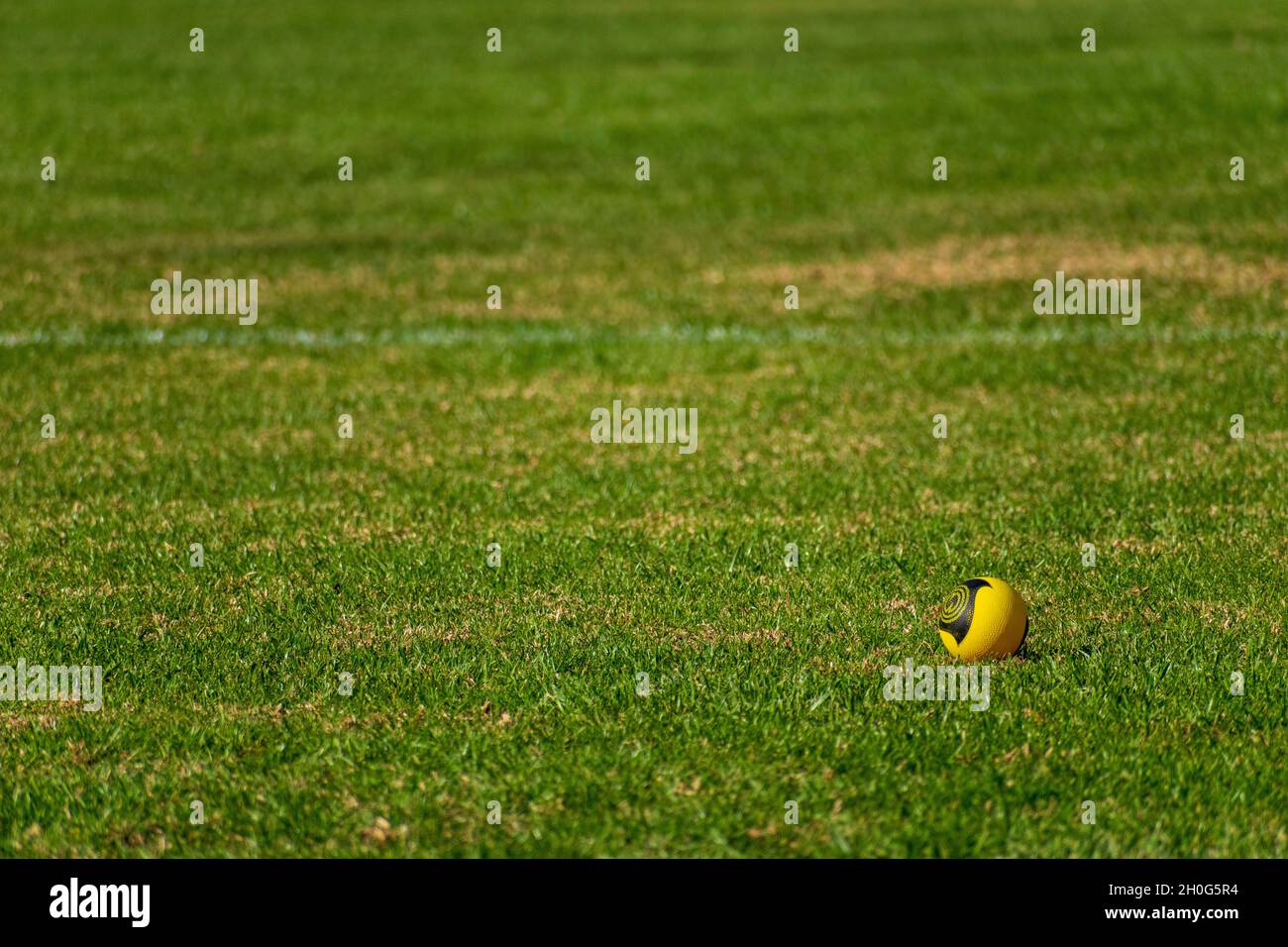 Yellow ball in a soccer field Stock Photo - Alamy