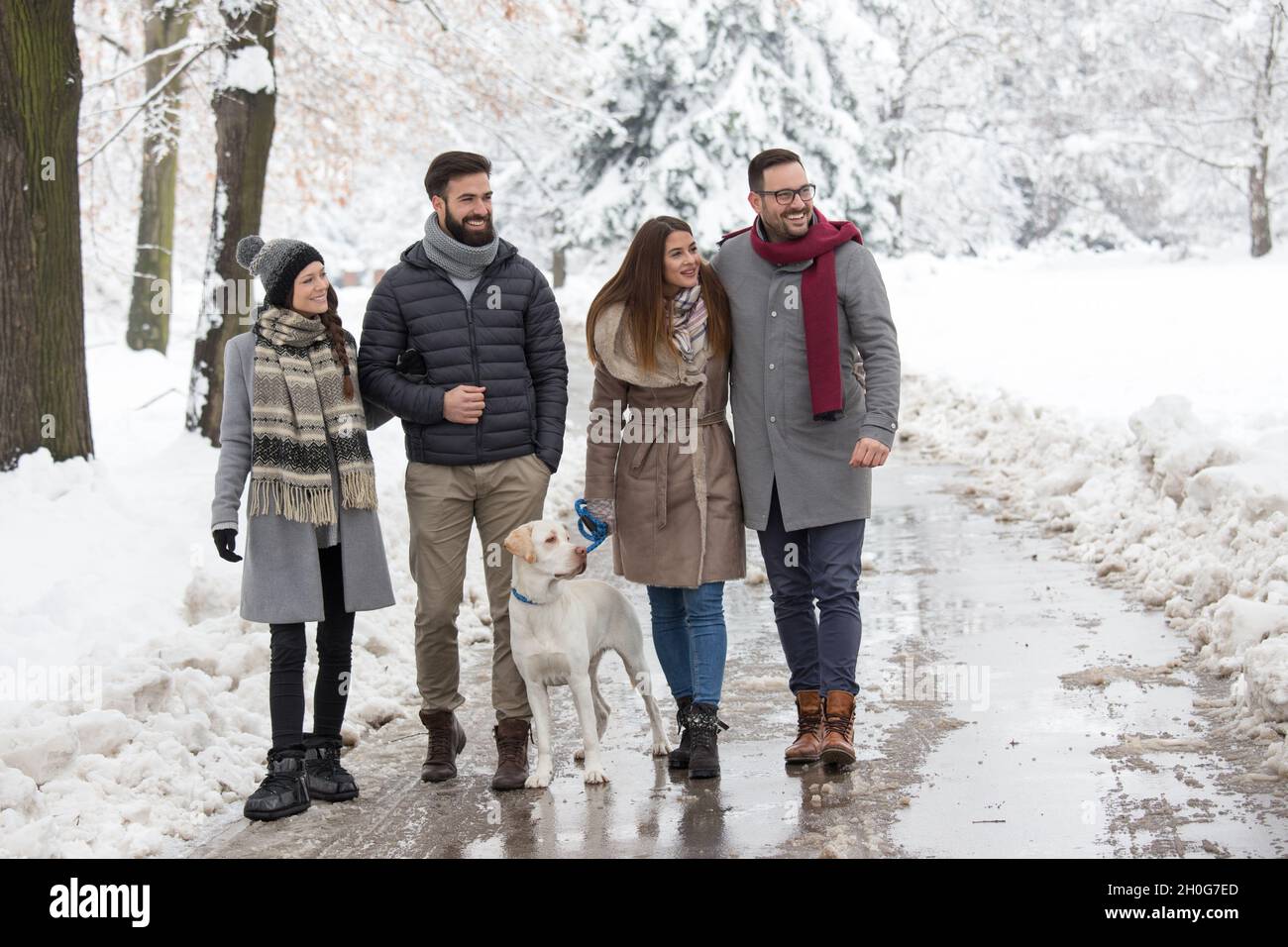 Two people walking talking dog city hi-res stock photography and images ...