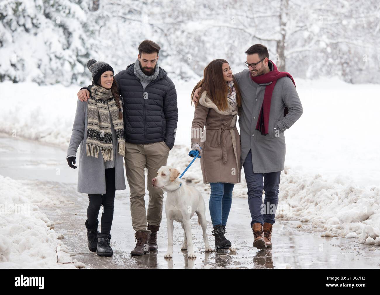 Two people walking talking dog city hi-res stock photography and images ...