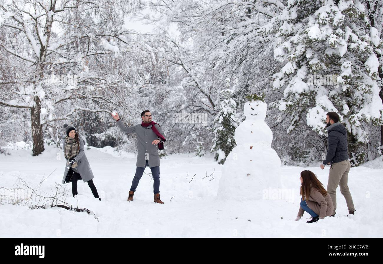 Two couples having fun on snow in park, playing snowball fight Stock ...