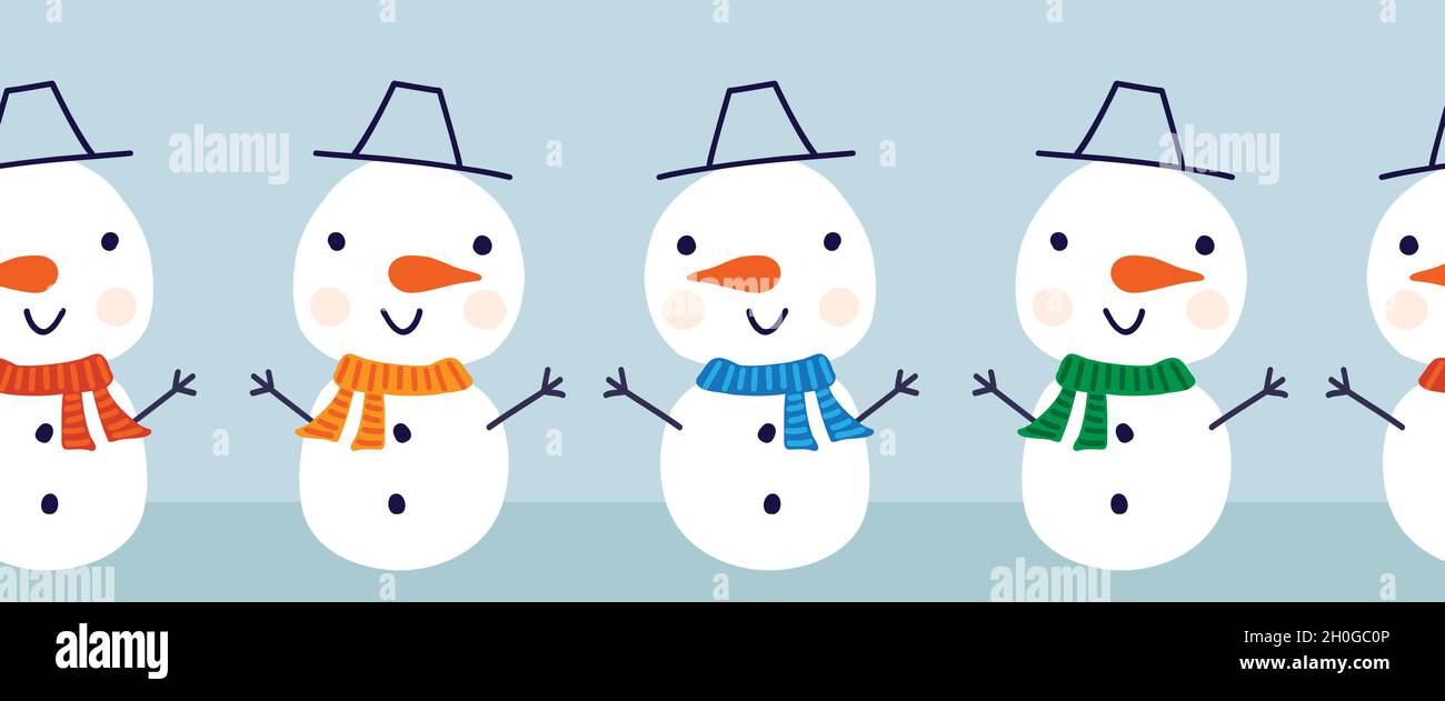 Snowman seamless vector border. Cute snowmen standing in horizontal row ...