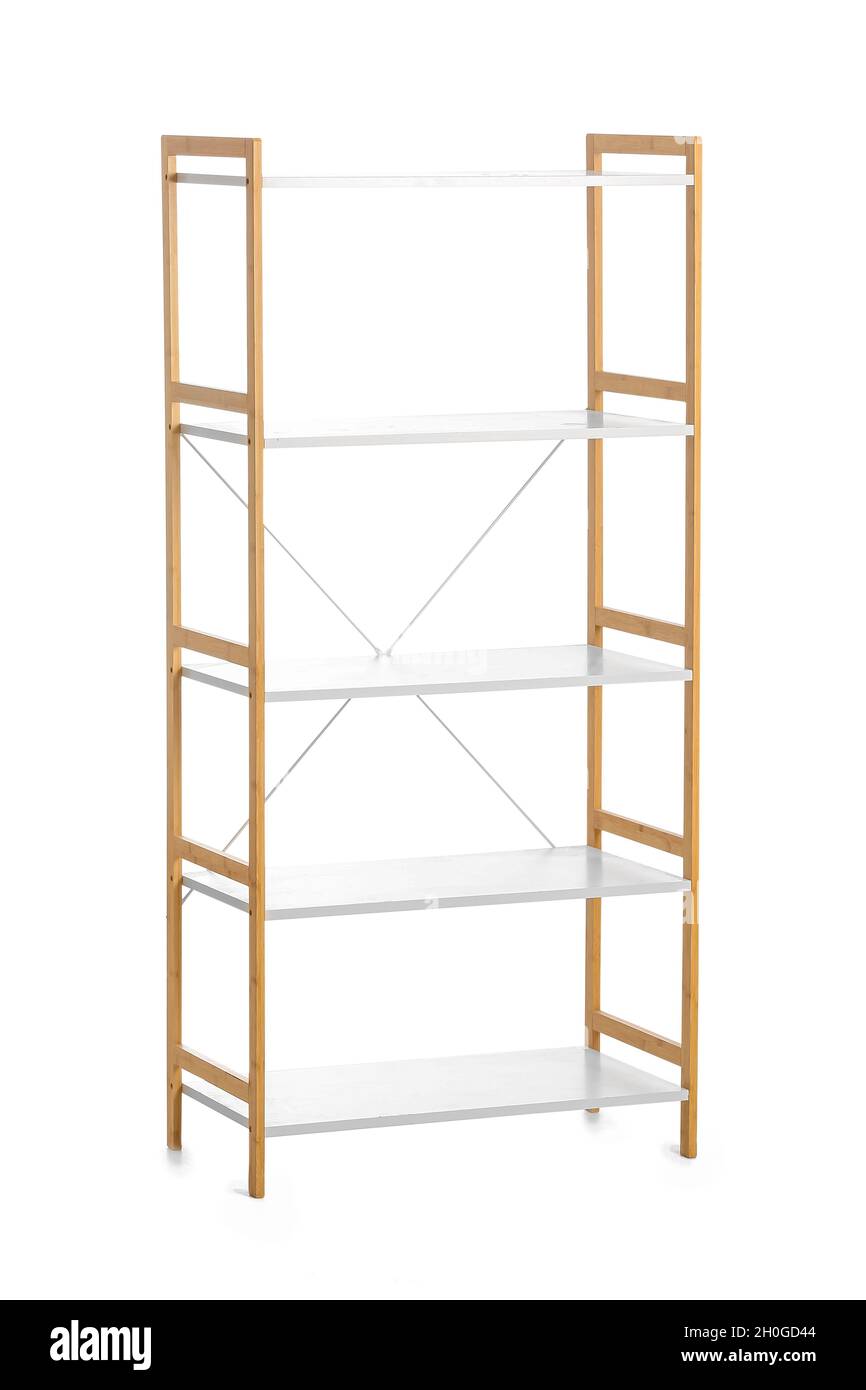 Empty bookcase on white background Stock Photo - Alamy