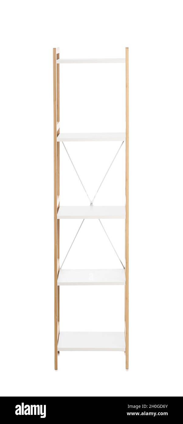Empty wooden bookcase on white background Stock Photo - Alamy