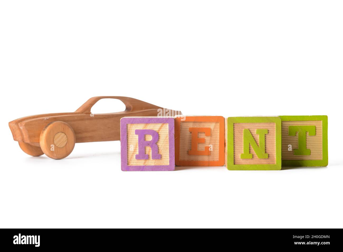 Wooden car with word RENT on white background Stock Photo - Alamy