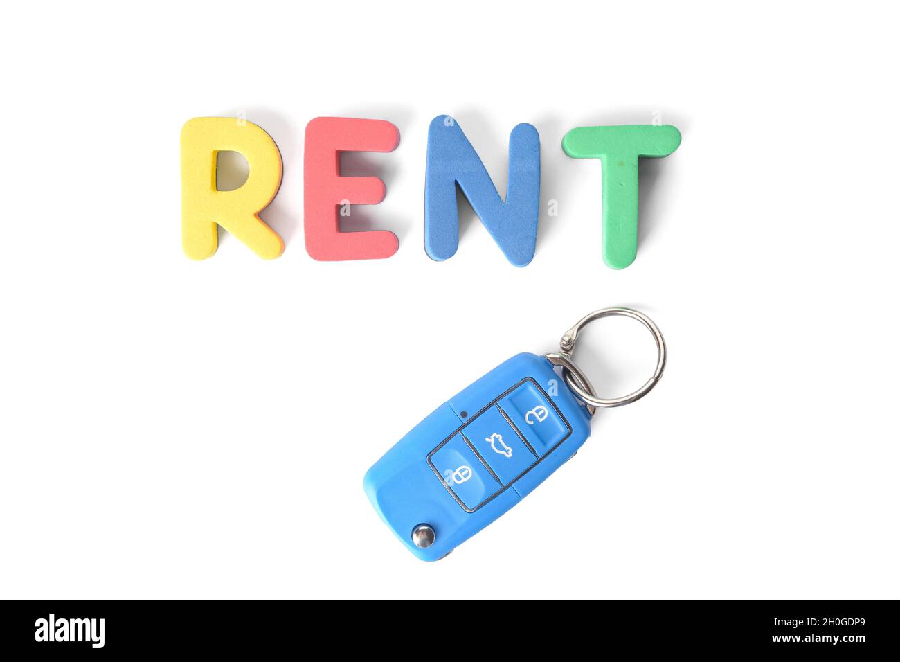 Key from car and word RENT on white background Stock Photo - Alamy