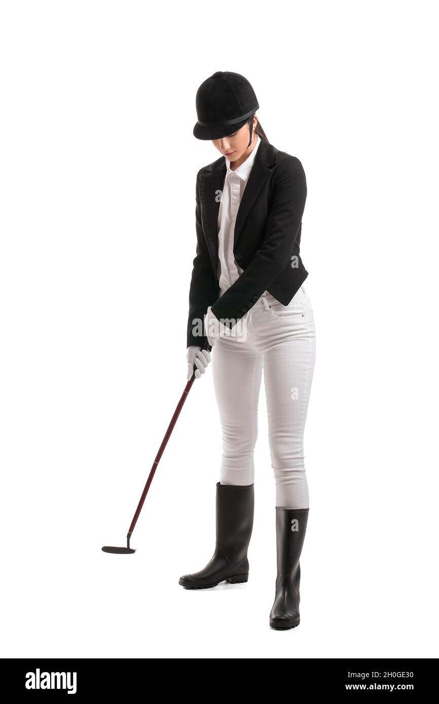 Beautiful female polo player on white background Stock Photo - Alamy