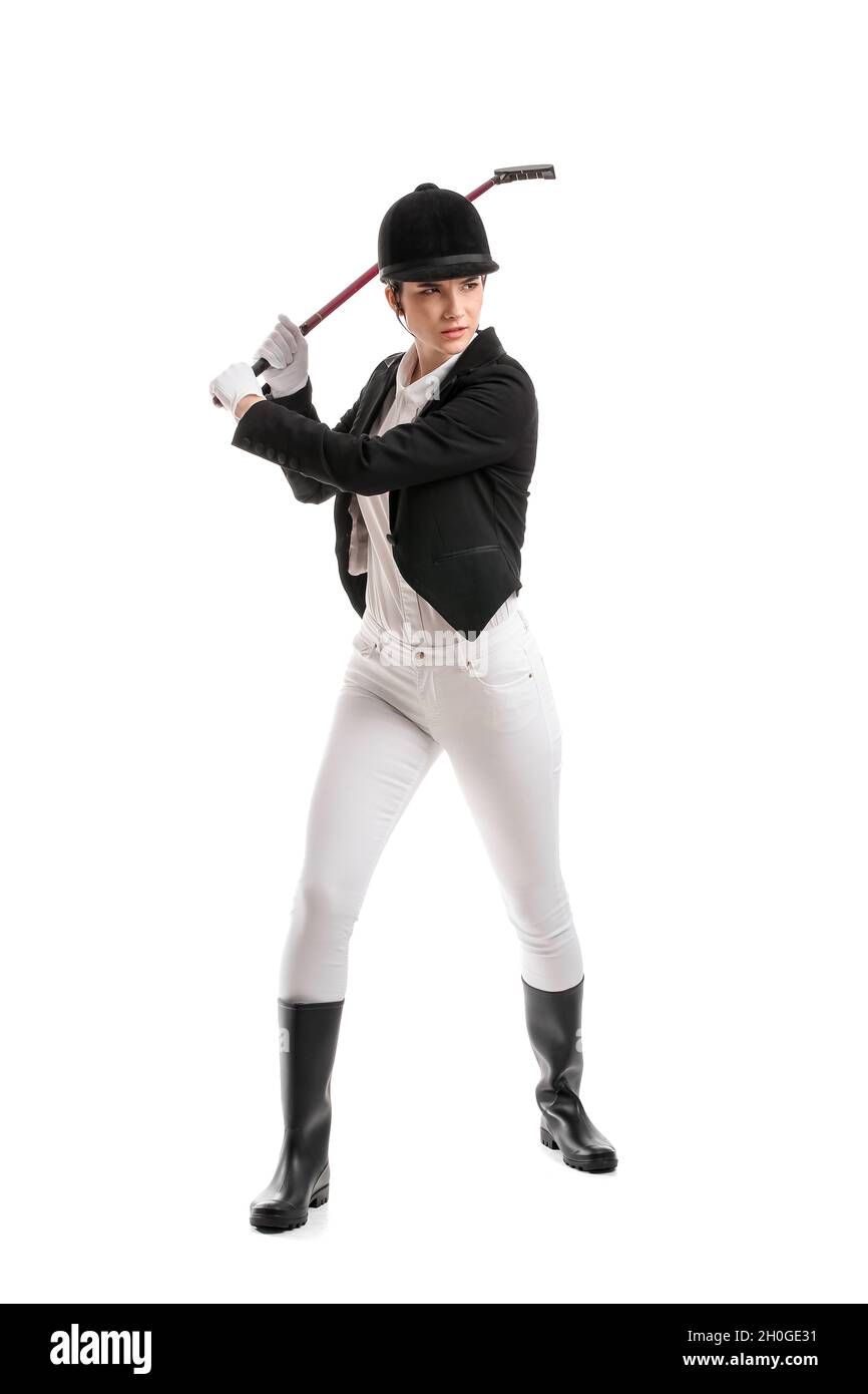 Beautiful female polo player on white background Stock Photo - Alamy