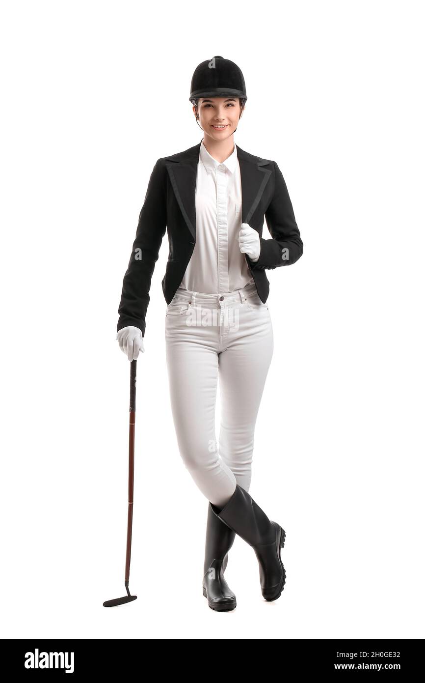 Beautiful female polo player on white background Stock Photo - Alamy