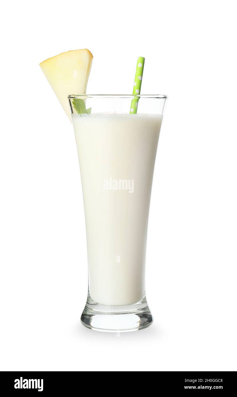 Glass of tasty melon milkshake on white background Stock Photo - Alamy