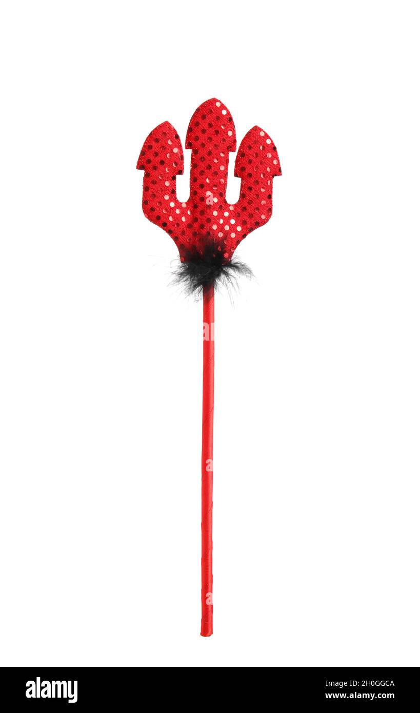 Red devil pitchfork on white background Stock Photo - Alamy