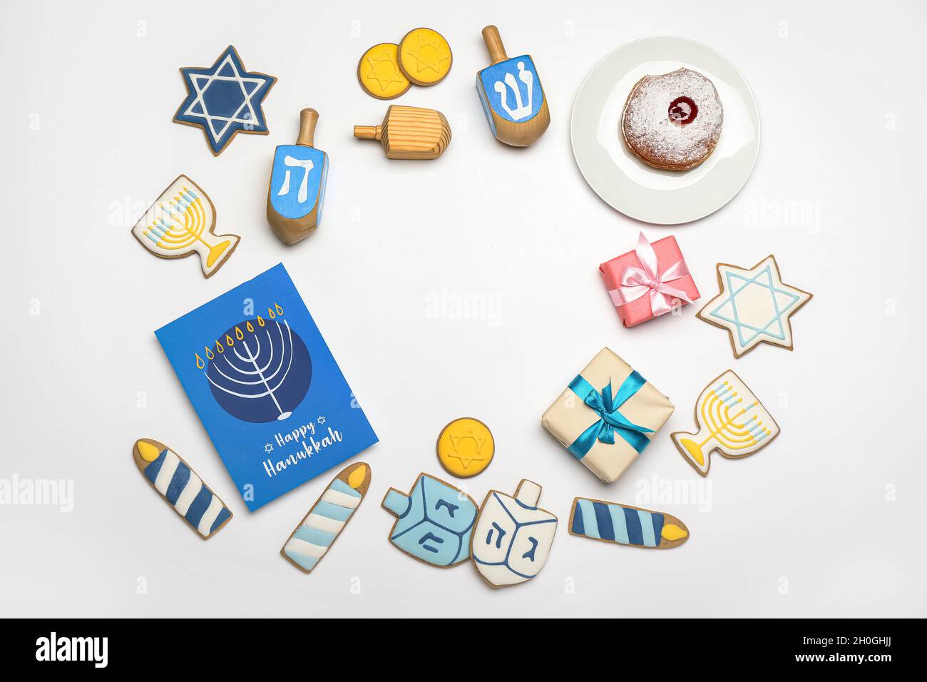 Frame made of different symbols of Hanukkah on white background Stock ...