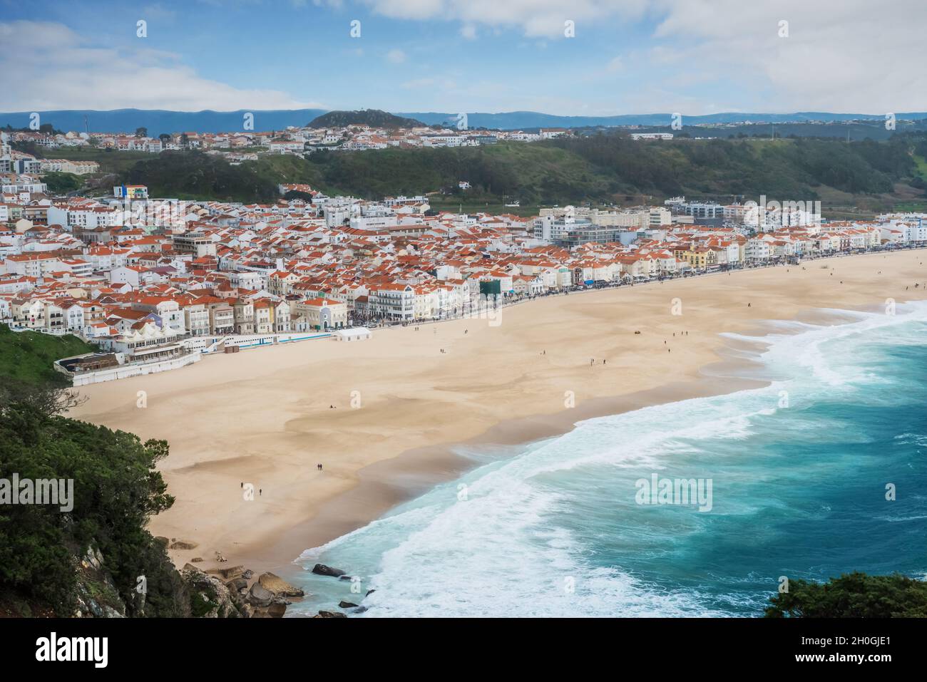 Aerial view of Nazare City and Praia da Nazare Beach - Nazare, Portugal ...