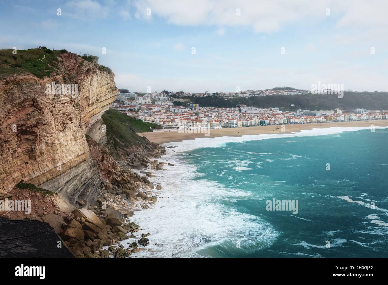 Cliffs and Aerial view of Nazare City and Praia da Nazare Beach ...