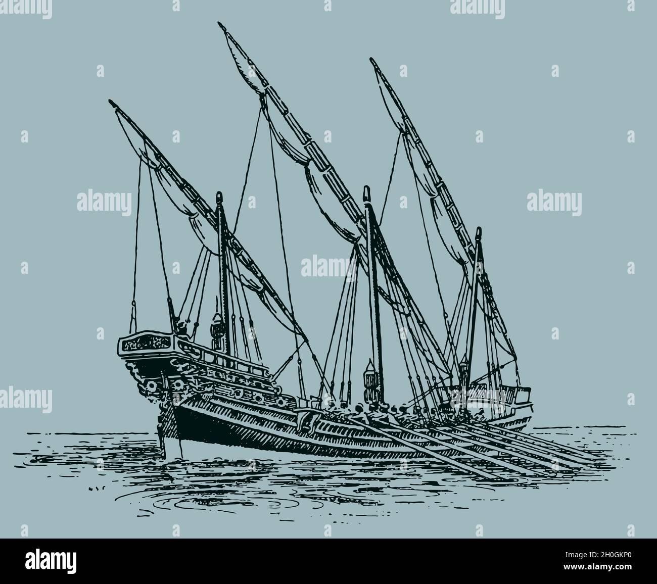 Ancient Mediterranean galley on sea, on light blue-green background ...