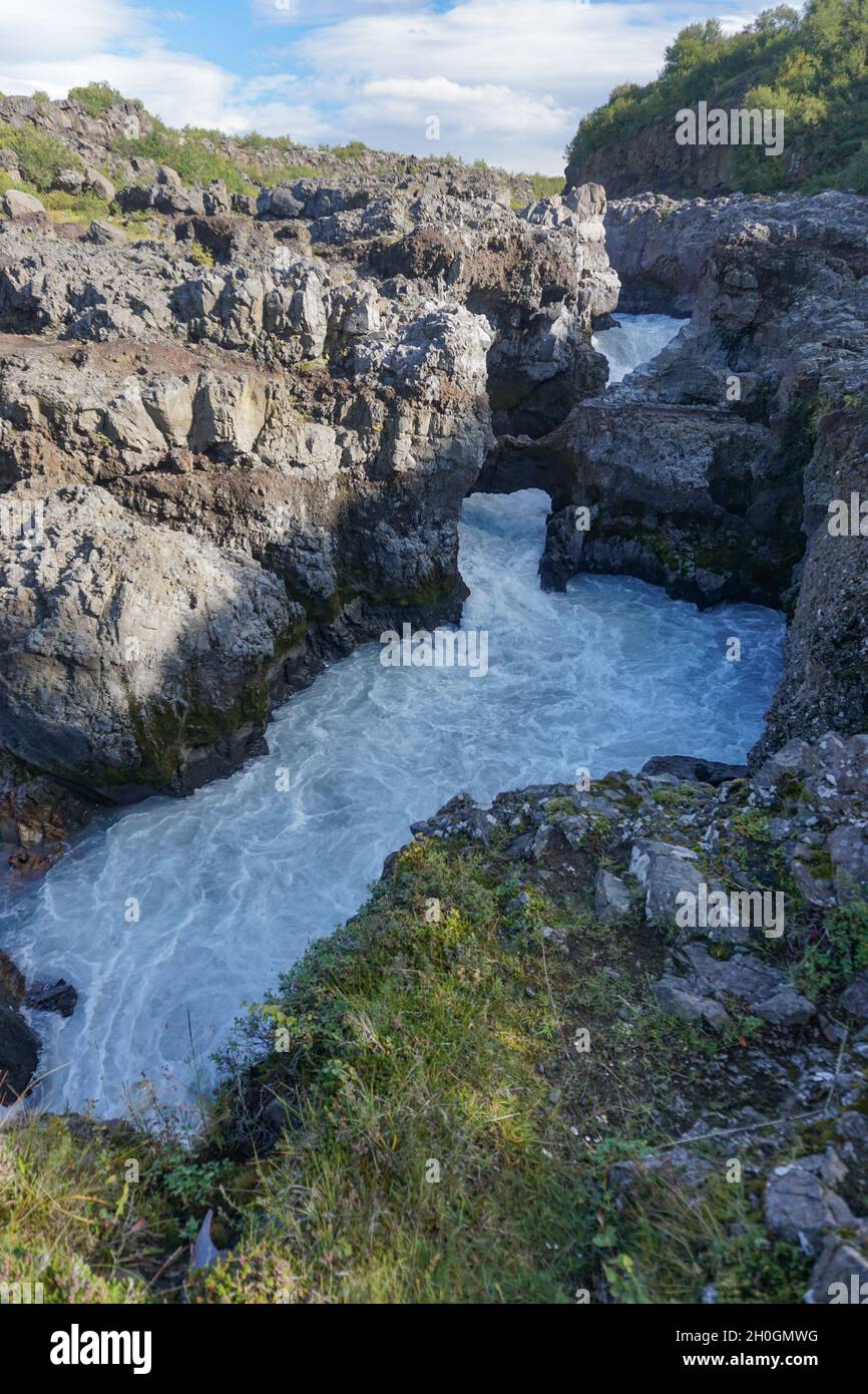 Borgarfjordur Region, Iceland: Barnafoss, also known as Bjarnafoss, is ...