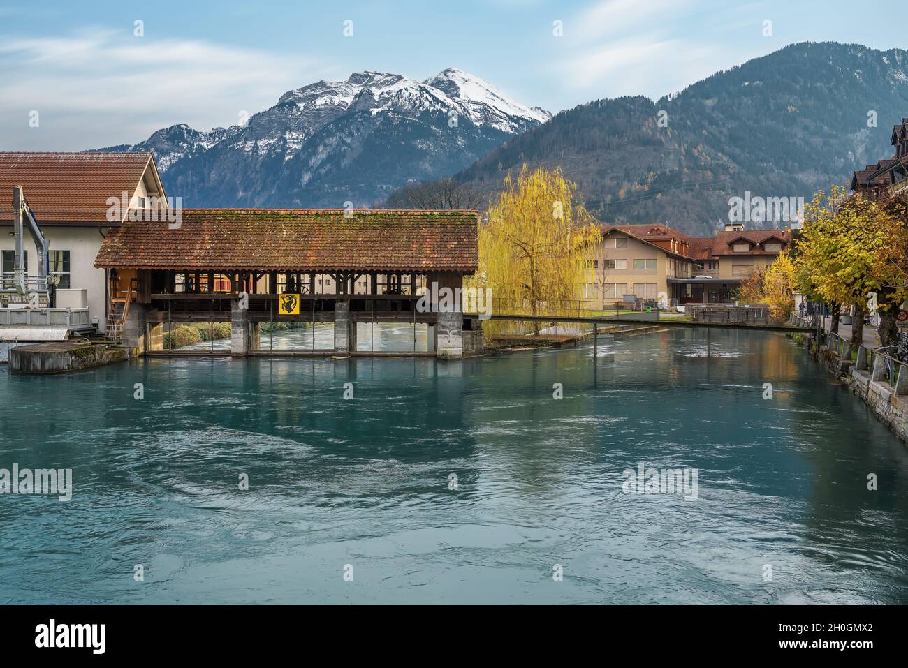 Covered Bridge in Aare River (Fischpass Dreispitz) with Unterseen Coat ...