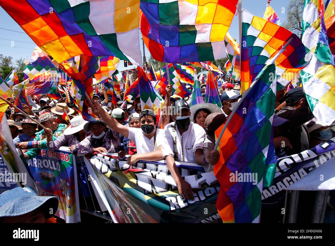Cochabamba, Bolivia. 12th Oct, 2021. People wave the Wiphala, a flag ...