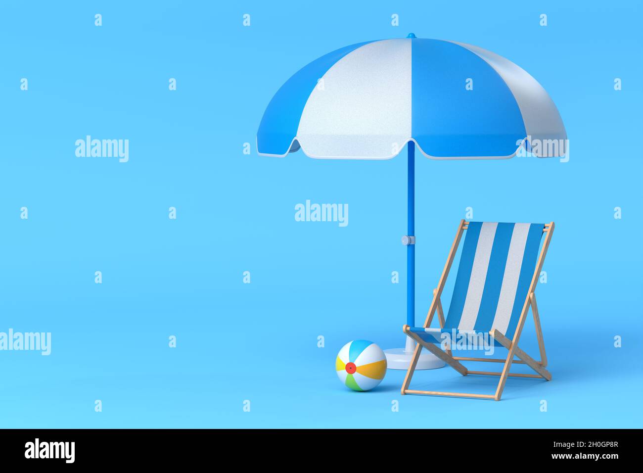 Beach chair with umbrella and beach ball on blue background Stock Photo ...