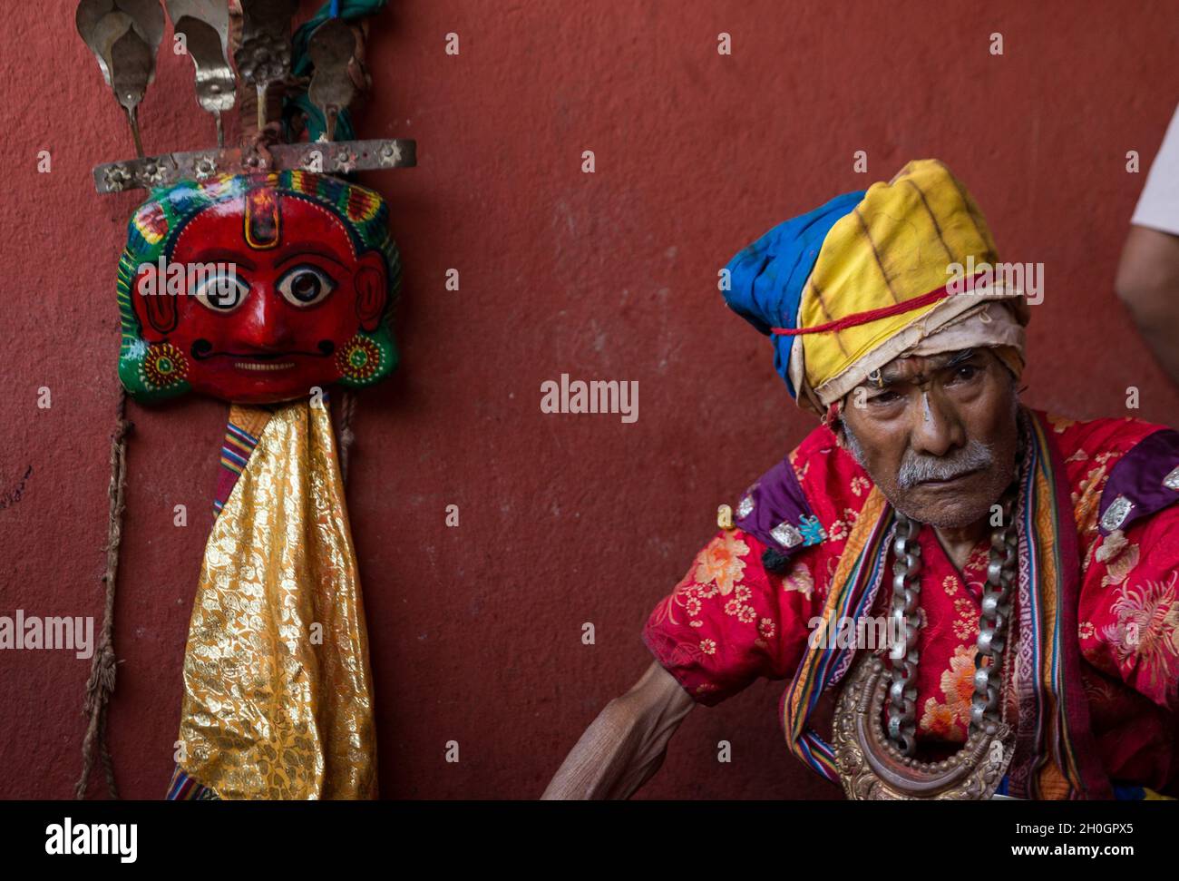 Lalitpur, Nepal. 12th Oct, 2021. A Nepalese Hindu devotee seen dressed as a deity during the ...