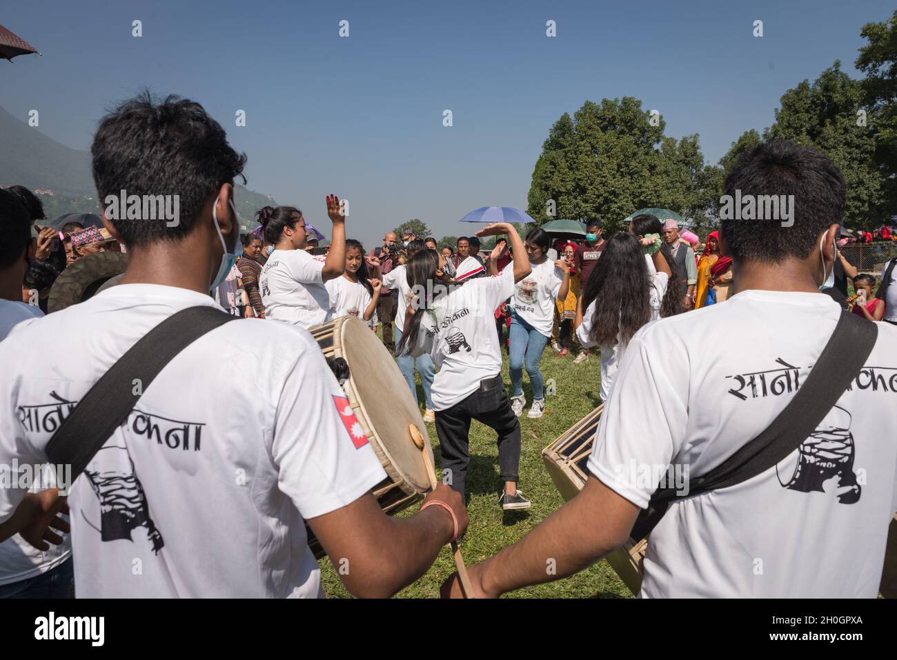 Lalitpur, Nepal - 12 Oct 2021, Nepalese Hindu devotees perform traditional dances during the ...