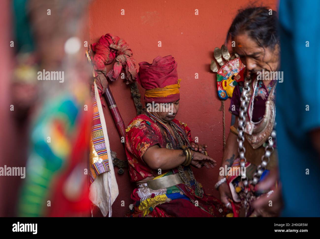 Lalitpur, Nepal - 12 Oct 2021, Nepalese Hindu devotees seen dressed as a deity during the Sikali ...
