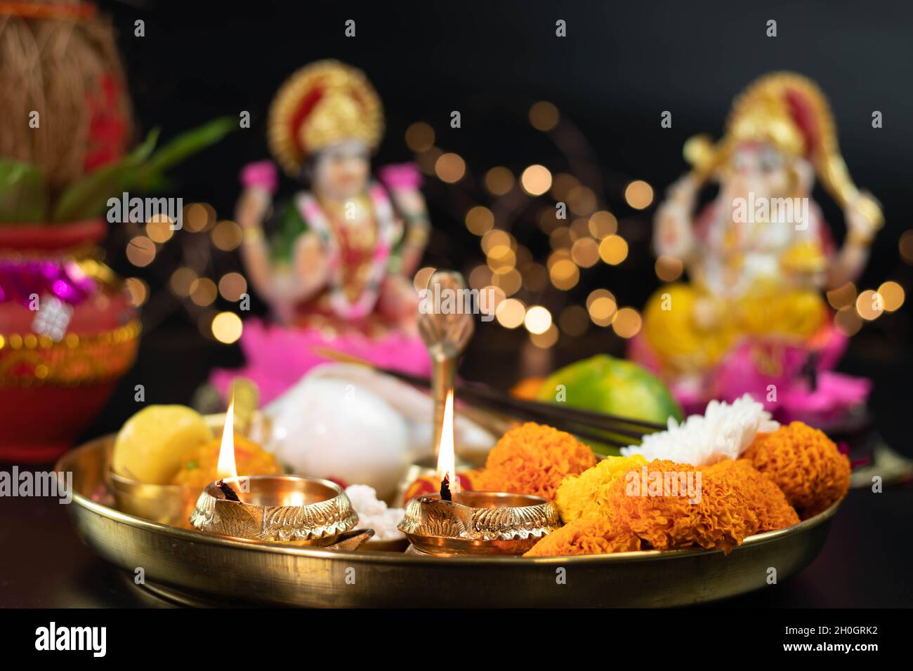 Golden Brass Diya Deep Dia Lamp Lit in Pooja Thali With Flowers, Mithai ...