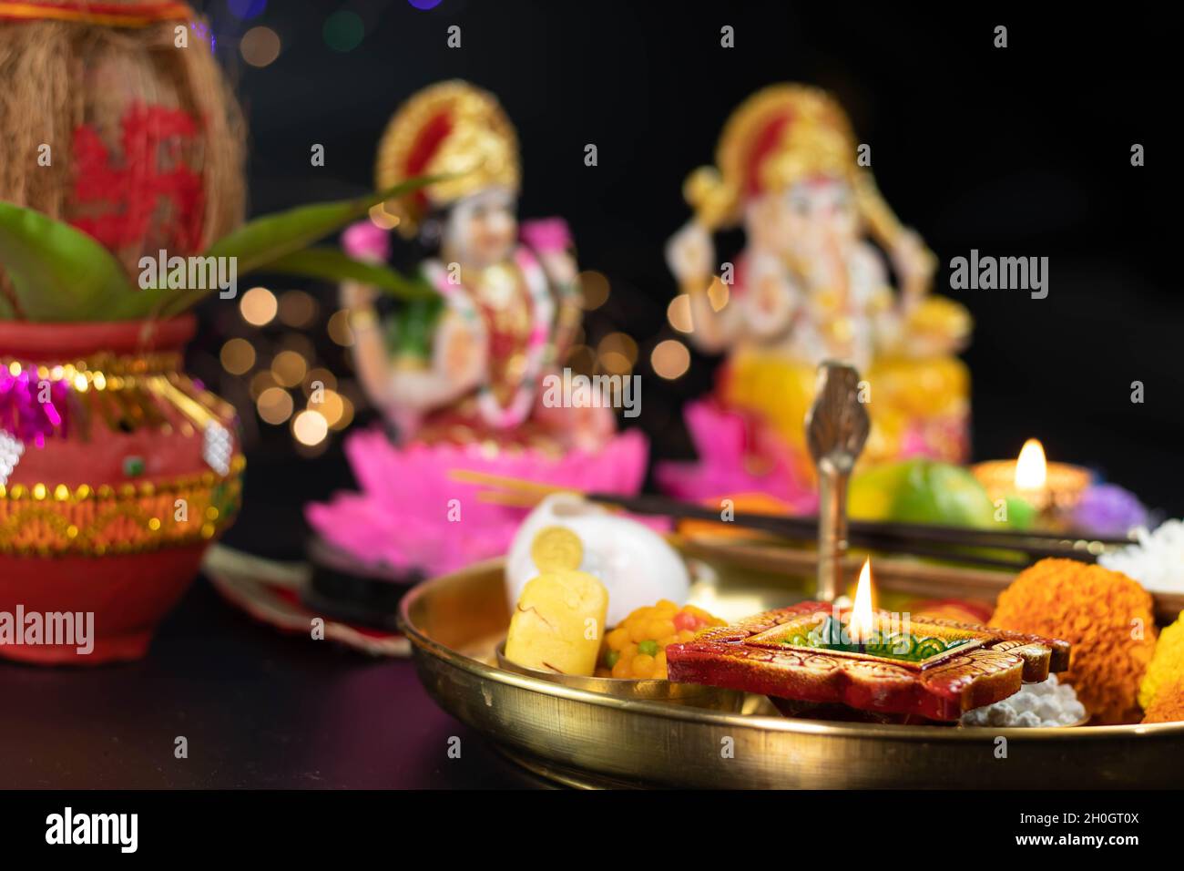 Clay Diya Deep Dia Lamp Lit in Pooja Thali With Flowers, Mithai ...