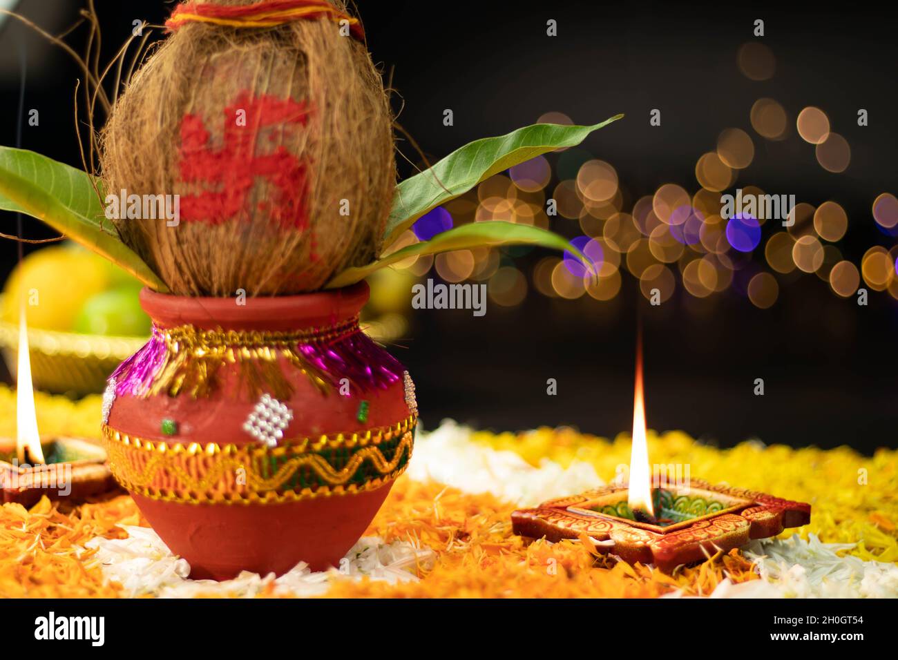 Sharp Straight Flames Illuminating From Clay Diya Deep Dia Placed On ...