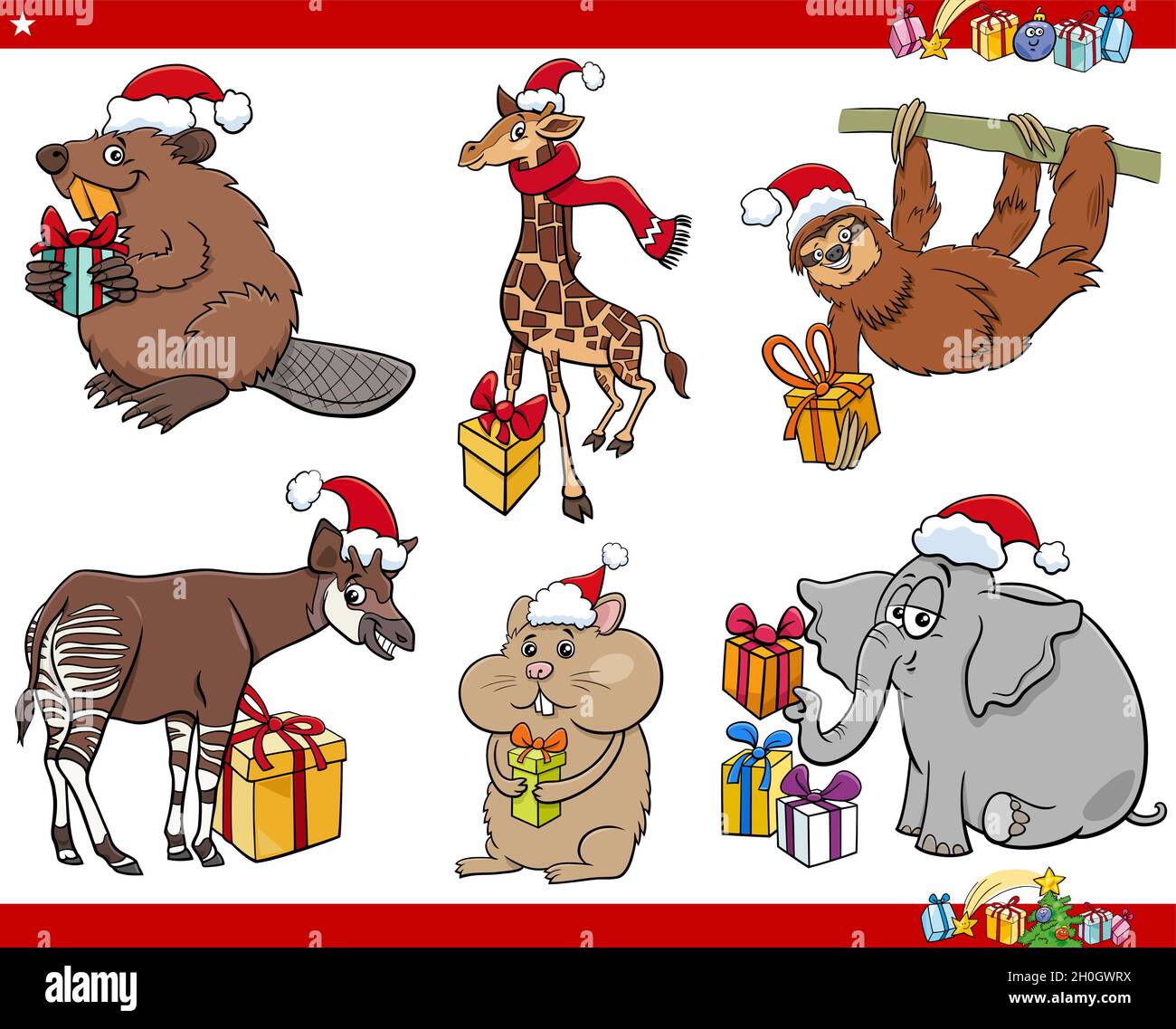 Cartoon illustration of comic animal characters on Christmas time set ...