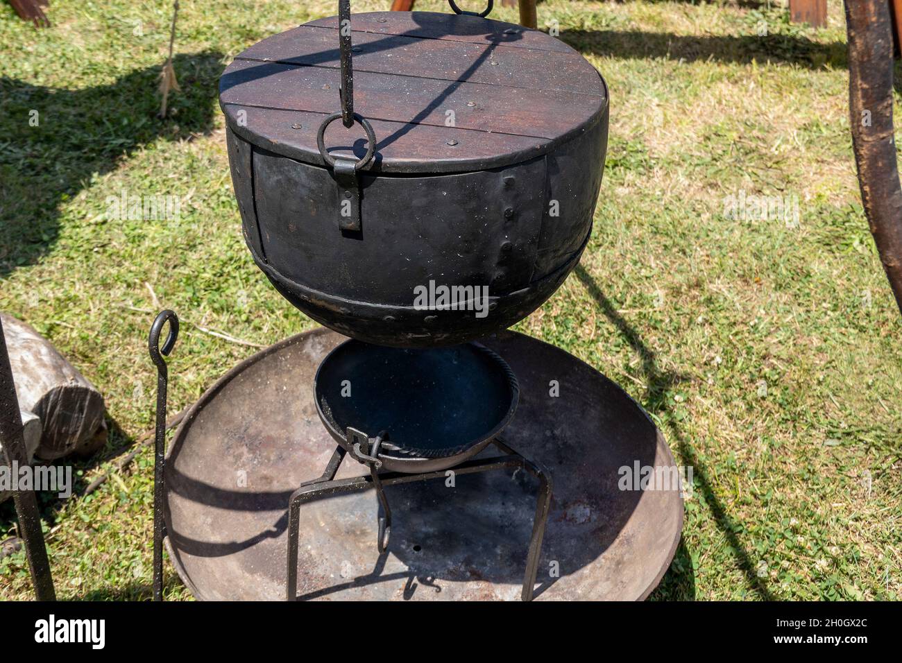 Cooking equipment replicas used by medieval vikings displayed by a re ...