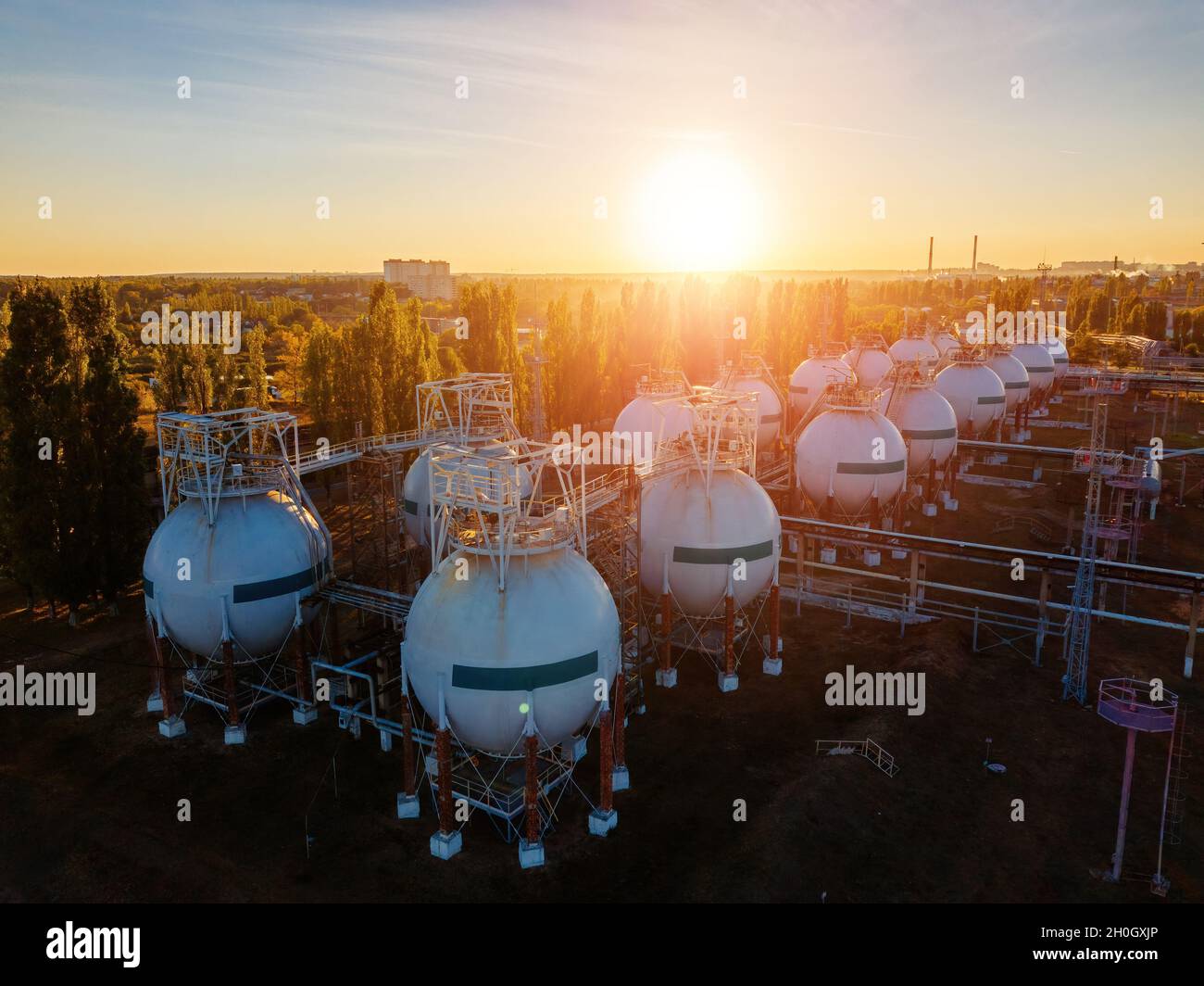 Gas storage sphere tanks in chemical plant, aerial view Stock Photo - Alamy