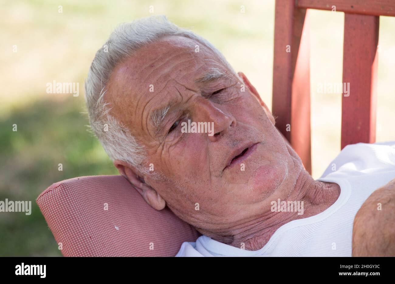 Elderly man resting on bench in garden in summer time Stock Photo - Alamy