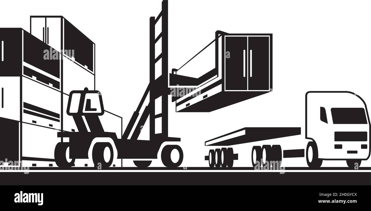 Forklift loading tractor truck with container - vector illustration ...