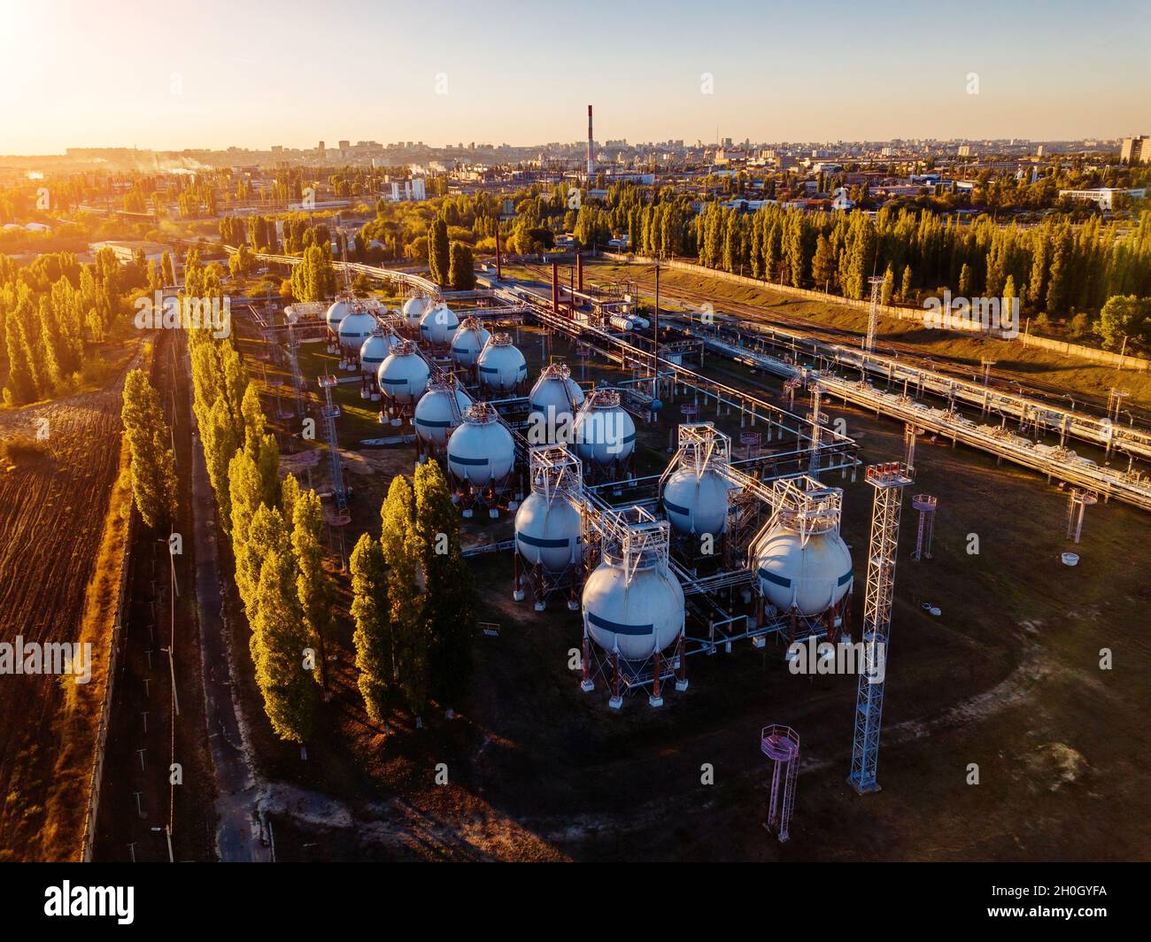 Gas storage sphere tanks in chemical plant, aerial view Stock Photo - Alamy