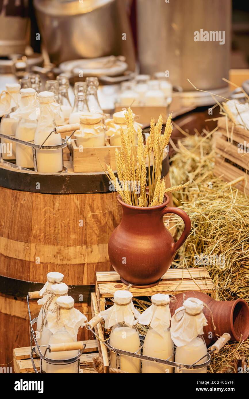 Farm life style, bottles with fresh milk, cereal ears in clay jug ...