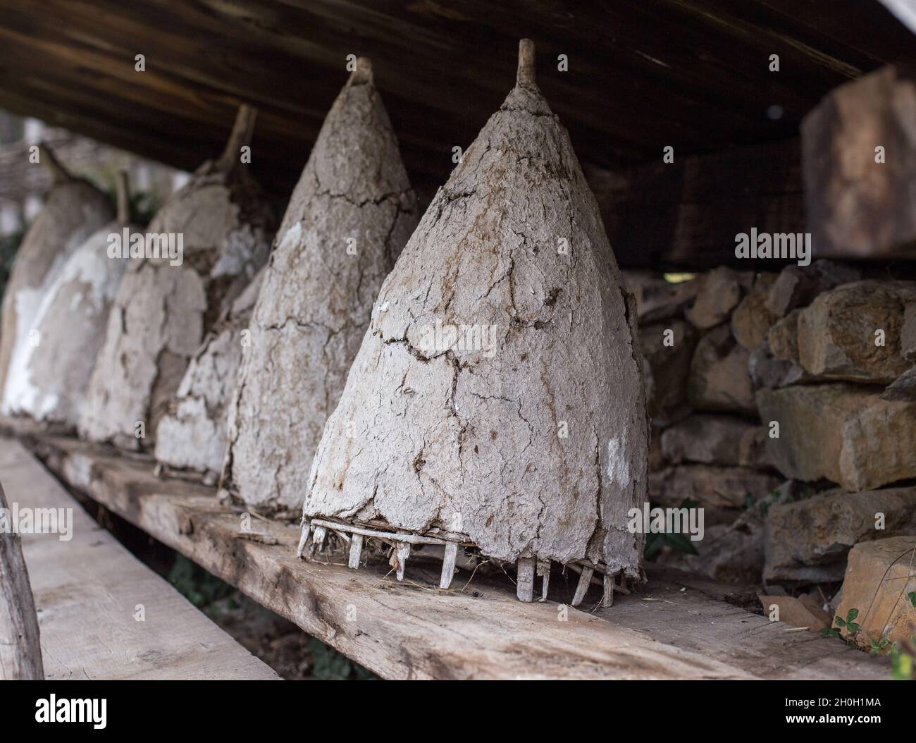 Old traditional beehive knitted with wicker and covered with mud on ...