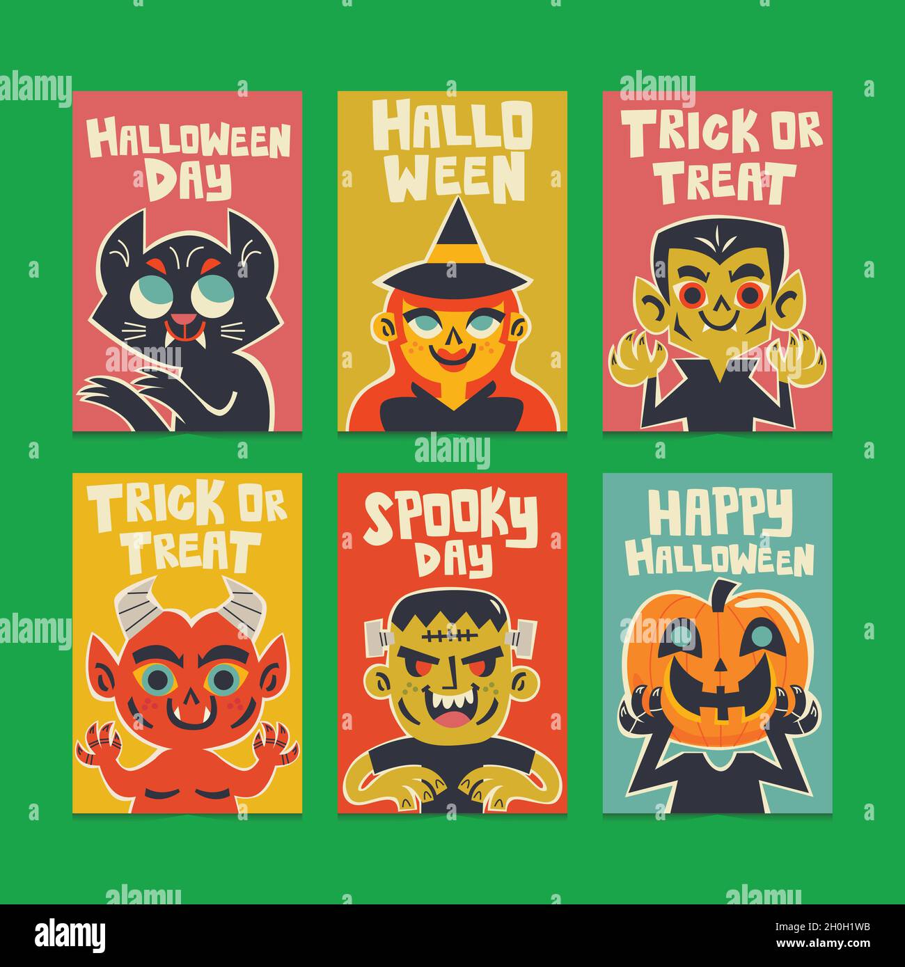 flat halloween monster card collection vector design illustration Stock ...