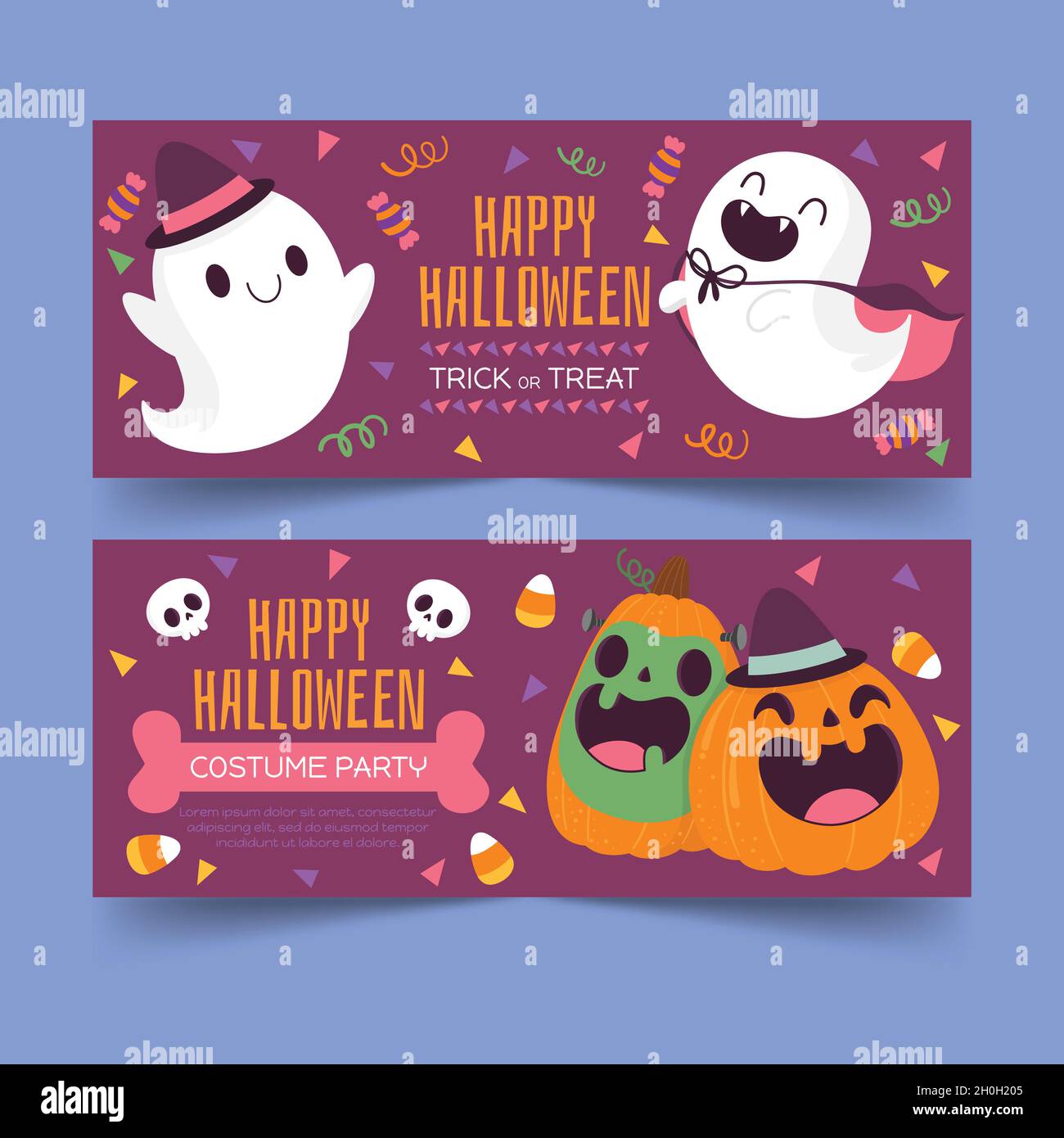 cute hand drawn halloween banners with ghost pumpkin vector design ...